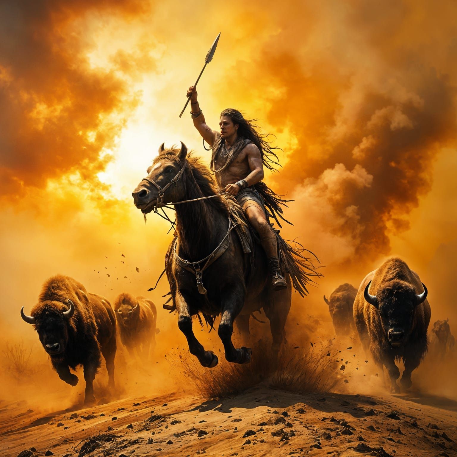 Hunter - Surreal Western Hunter Chases Bison Amidst Wildfire...
