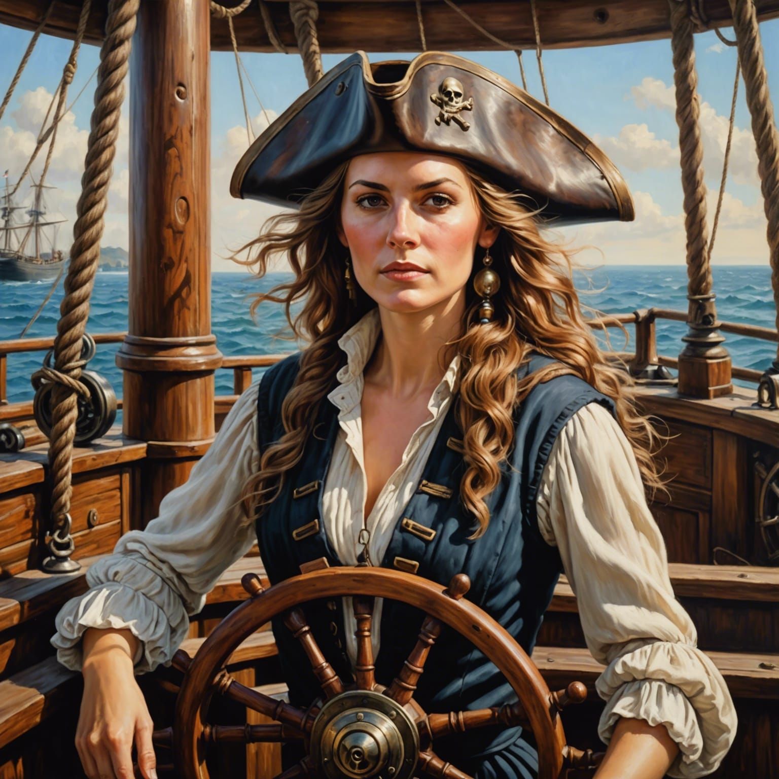 Light brown haired woman pirate at ship helm - AI Generated Artwork - NightCafe Creator
