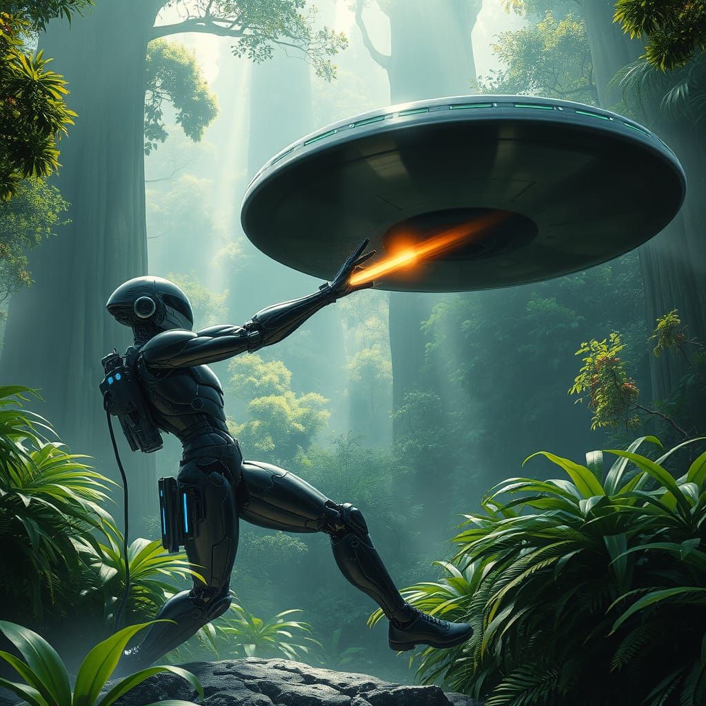 Mechanical Assassin Battles Alien UFO in a Jungle ... - AI Art