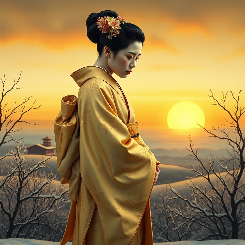 Ethereal Mourning Geisha in Delicate White and Yel... - AI Art