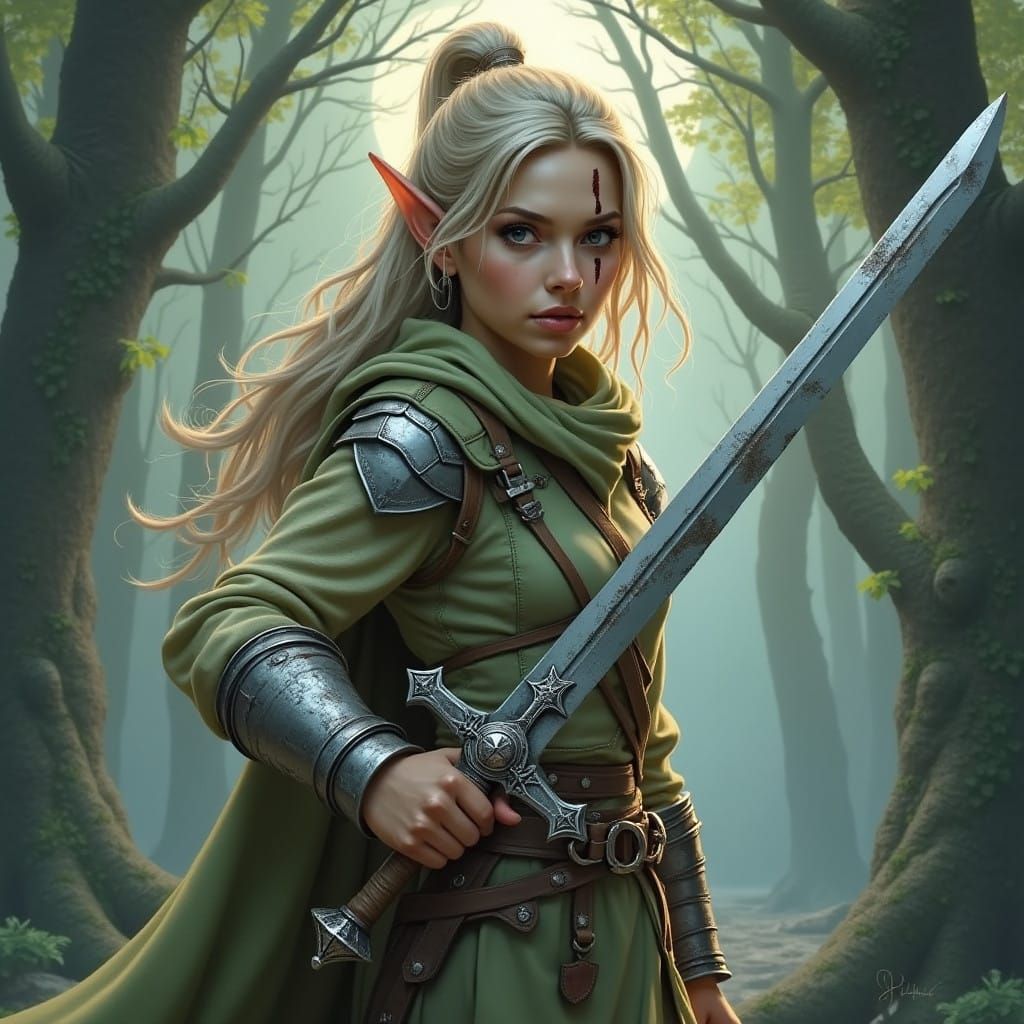 an elf with a scar and a sword - Mysterious Elf Warrior in M...
