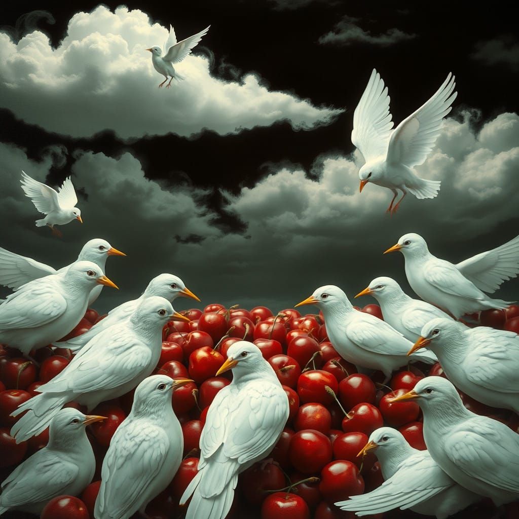 Ethereal Dreamscape of Birds and Cherries in Monoc... - AI Art
