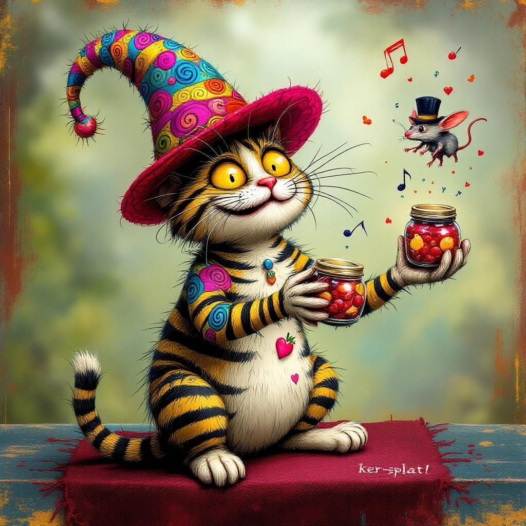 Whimsical Striped Cat Juggling Jam Jars in Surreal... - AI Art