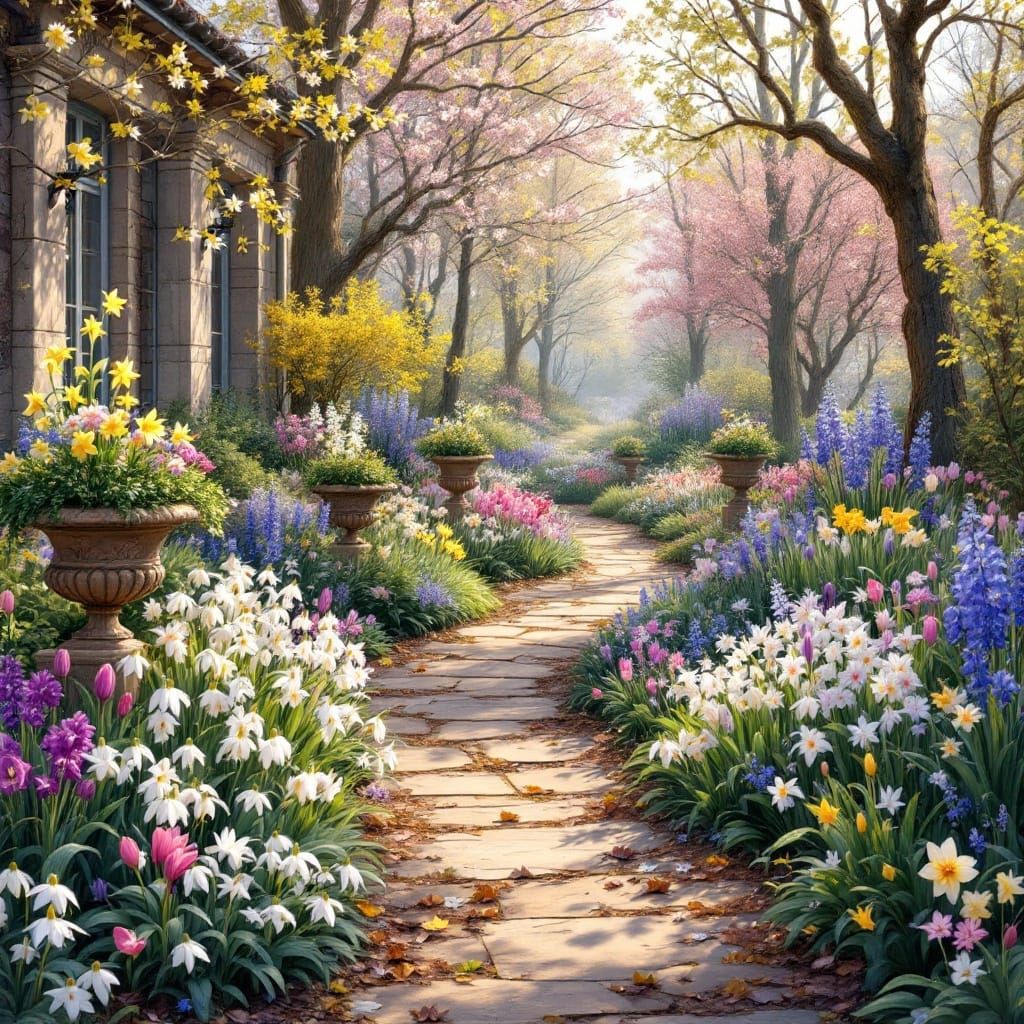 A garden showing the early spring flowers in full bloom.