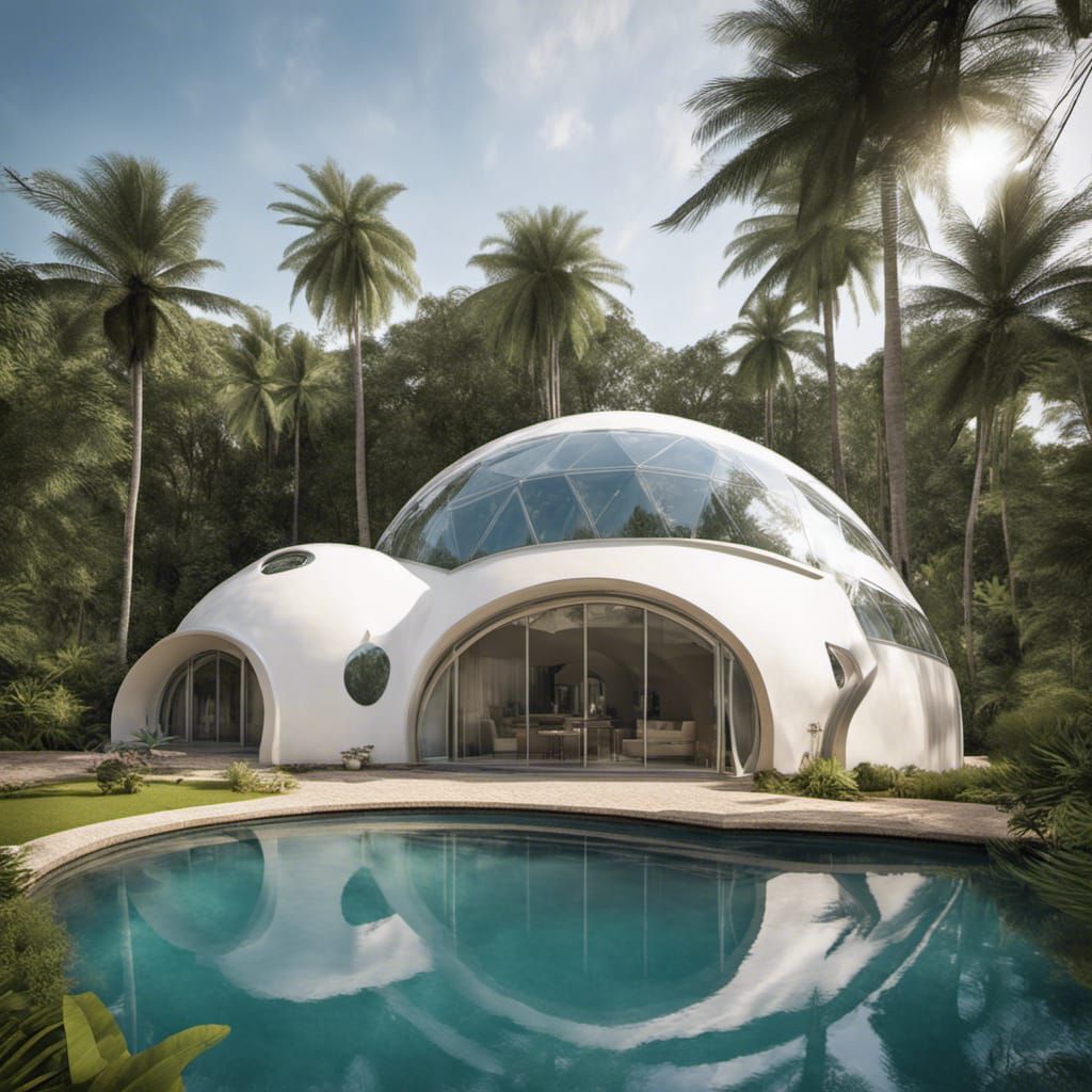 Portrait of a futuristic dome home with tropical landscaping. - AI ...