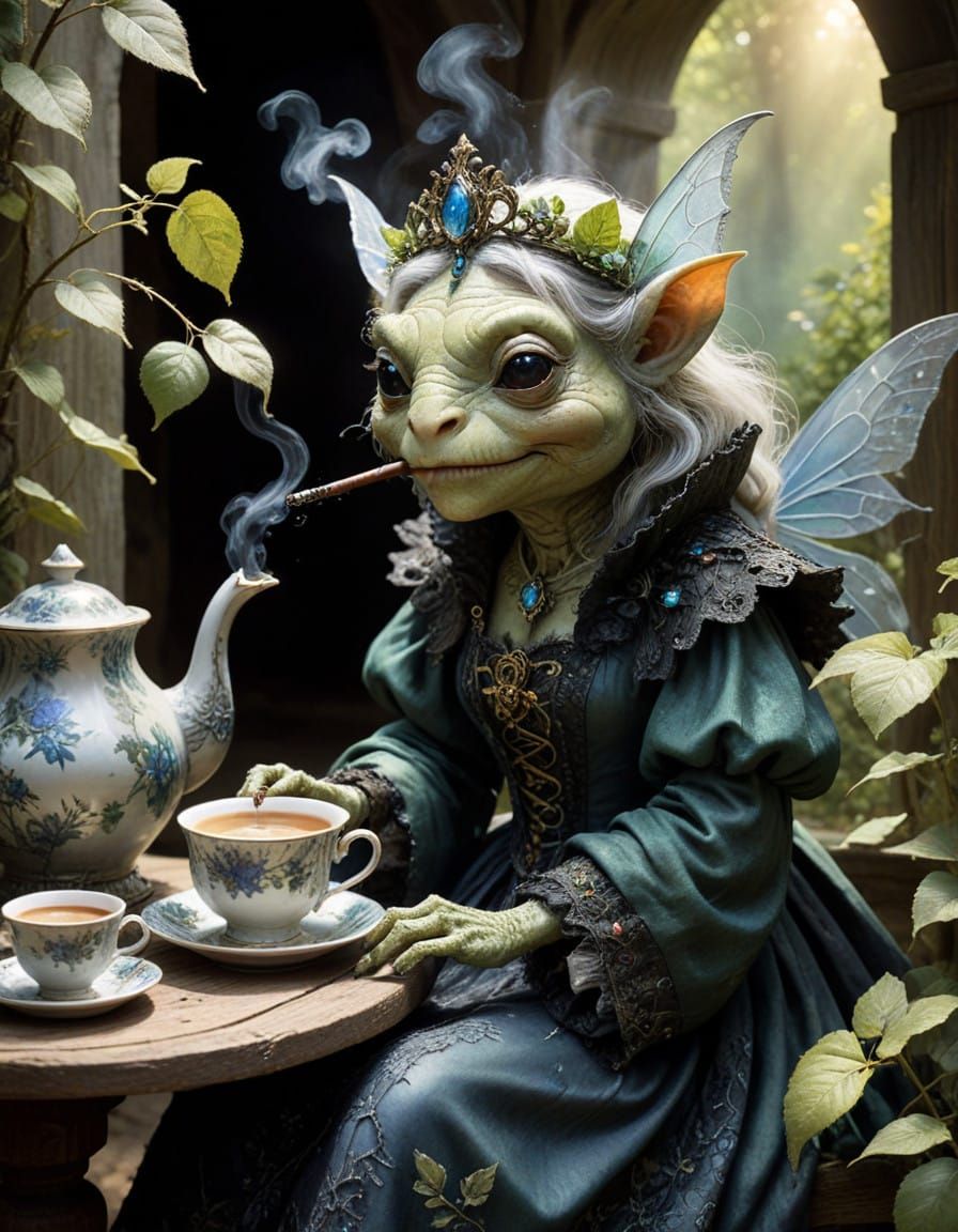 A grotesque, ancient fairy toad godmother with cobalt-hued, mottled ...