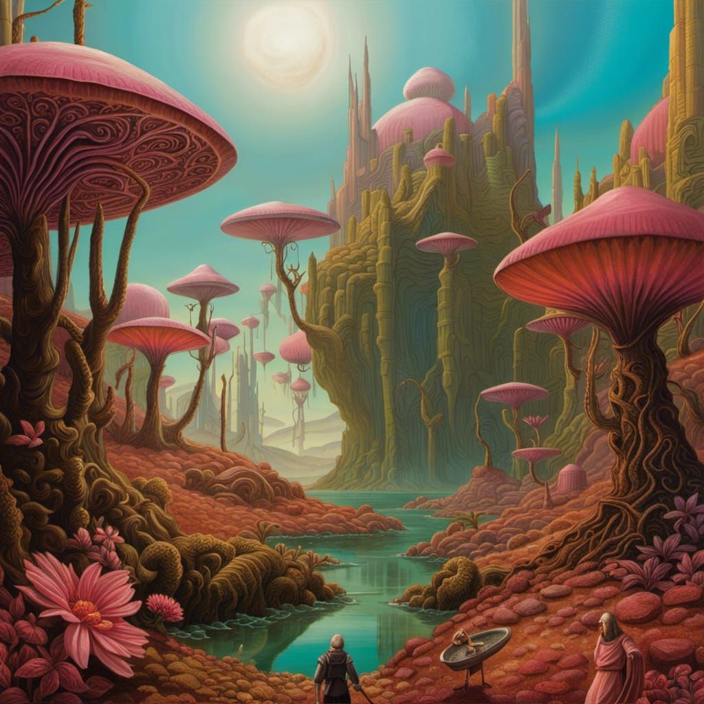 a fantastical landscape on an alien planet with lots of large ...