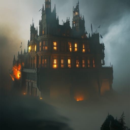 castle on fire, smoke and fire, burning castle, flames, detailed ...
