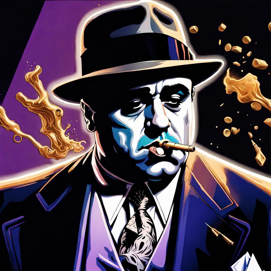Gangster Al Capone smoking a blunt gold Hyperrealistic, splash art ...