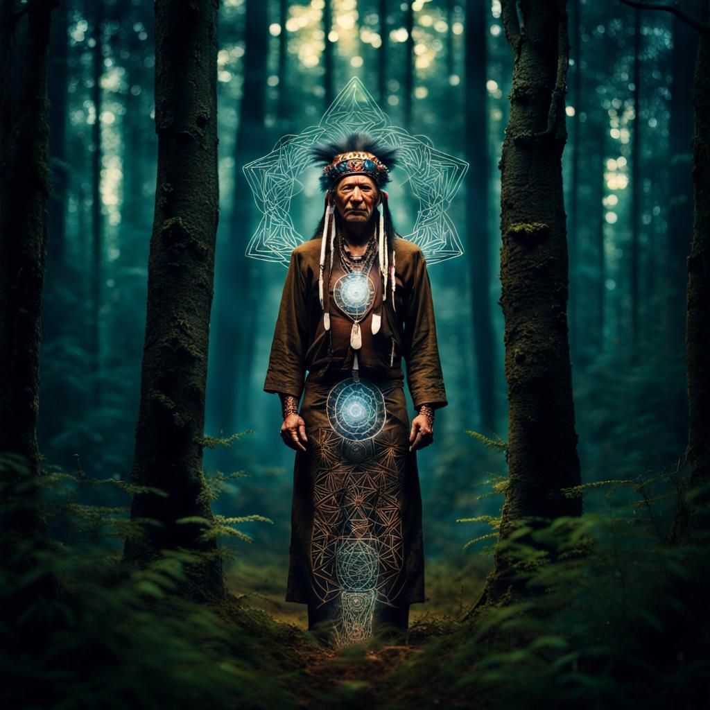 mystic shaman, standing in a dimly lit forest clearing, where patterns ...