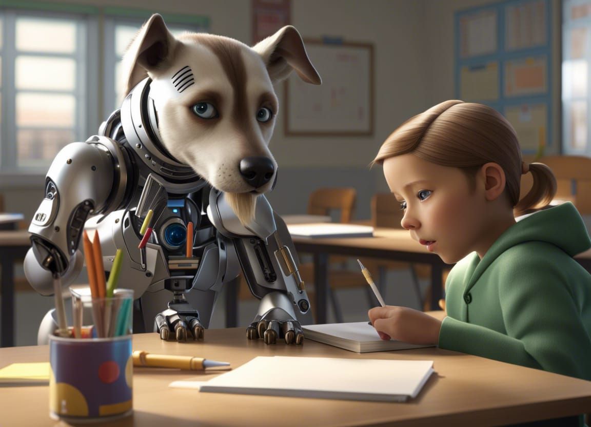 Robot dog contemplating eating a homework assignment - AI Generated ...