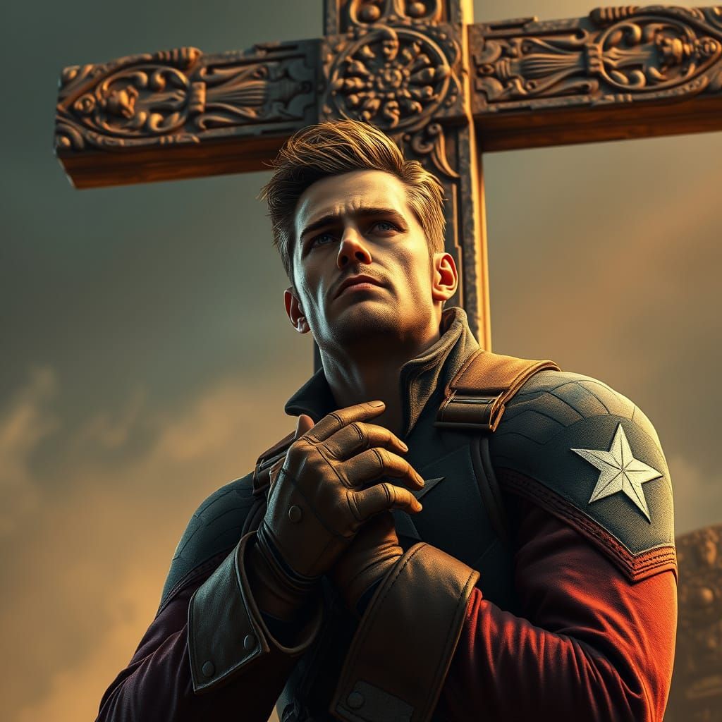 a weary soldier kneeling at the cross