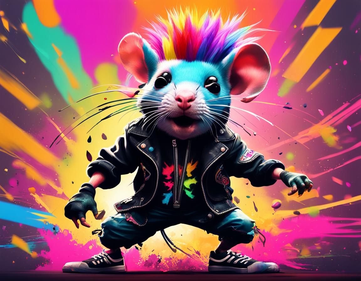 humanoid rats in punk outfit and colorful mohawk hair dancing pogo on a ...