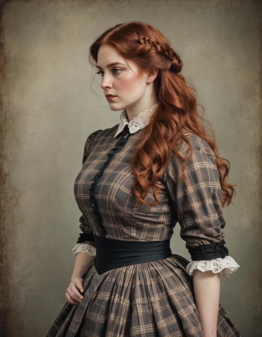 A beautiful curvy young Victorian woman with auburn hair in a plaid ...