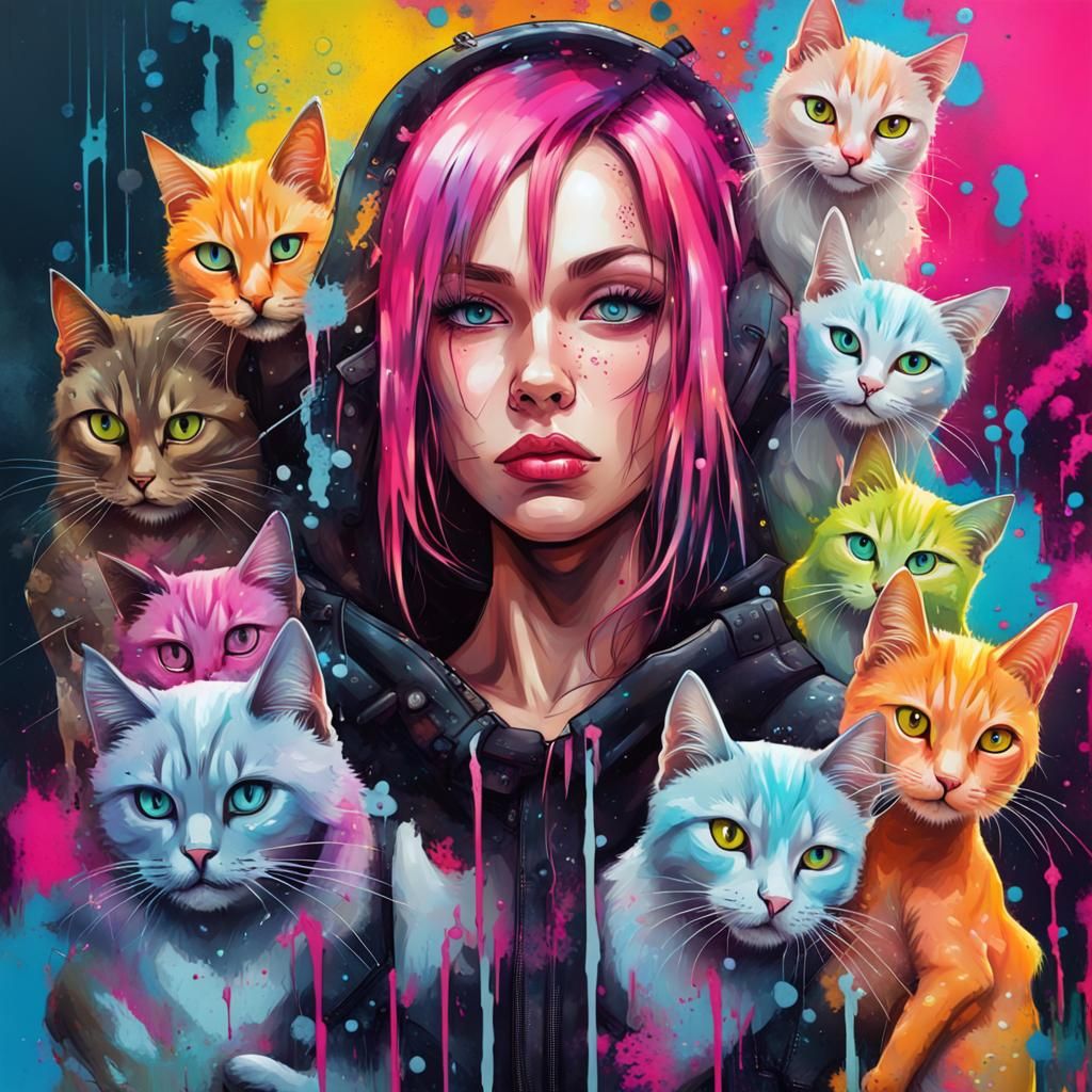 Cyber Girl with Cats - AI Generated Artwork - NightCafe Creator