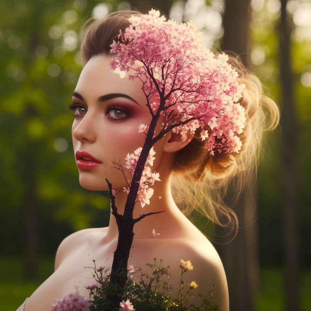 Spring pin-up stunning beautiful double exposure illustration 8k ...