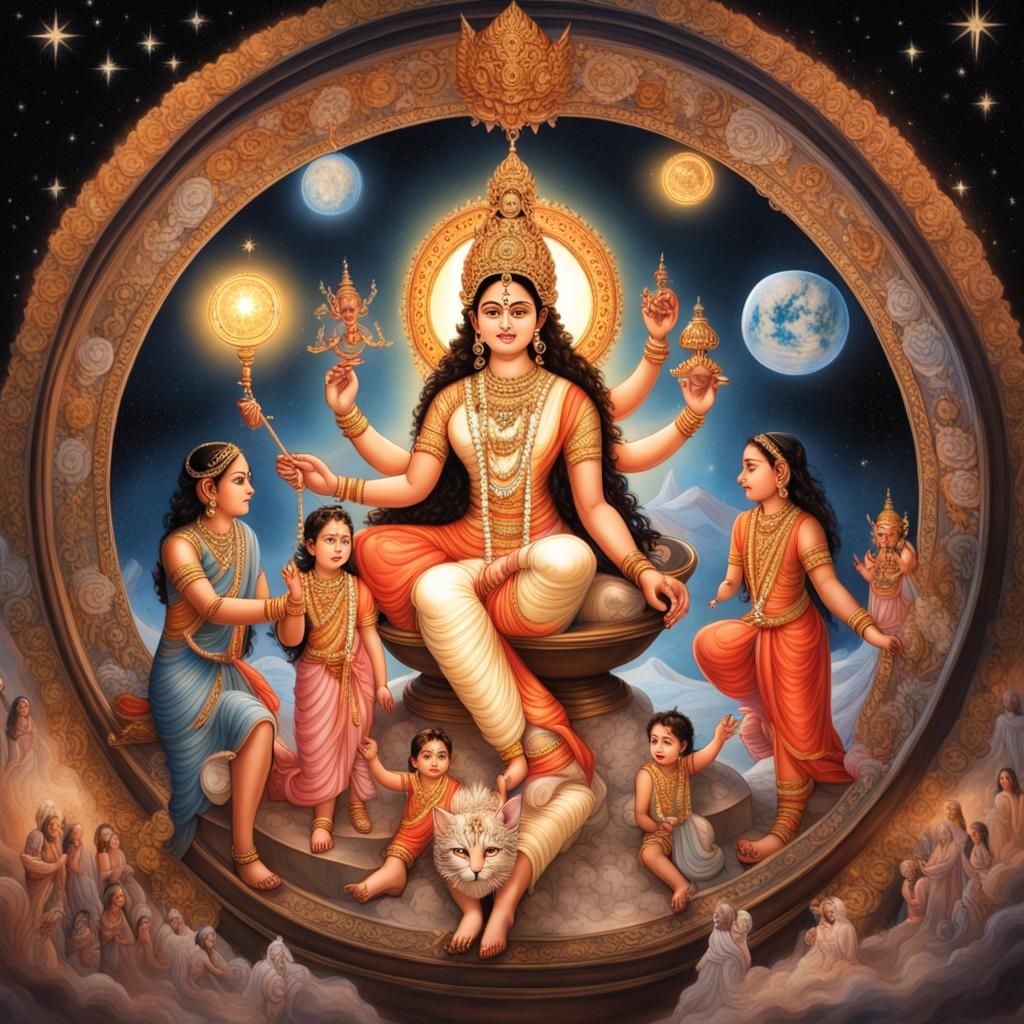 Inside a crystal globe Goddess Durga with his family, outside the globe ...