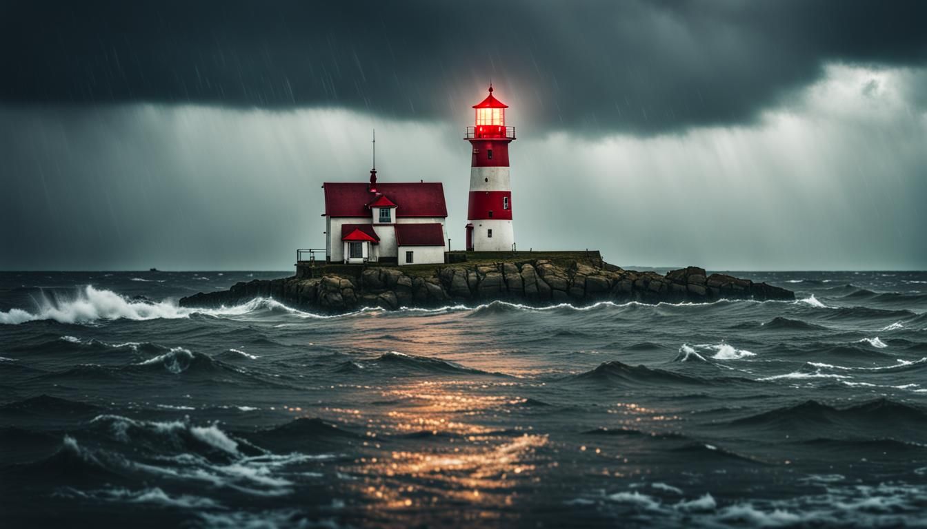 A lighthouse in Amidst of water in dark cloudy raining weather , the ...