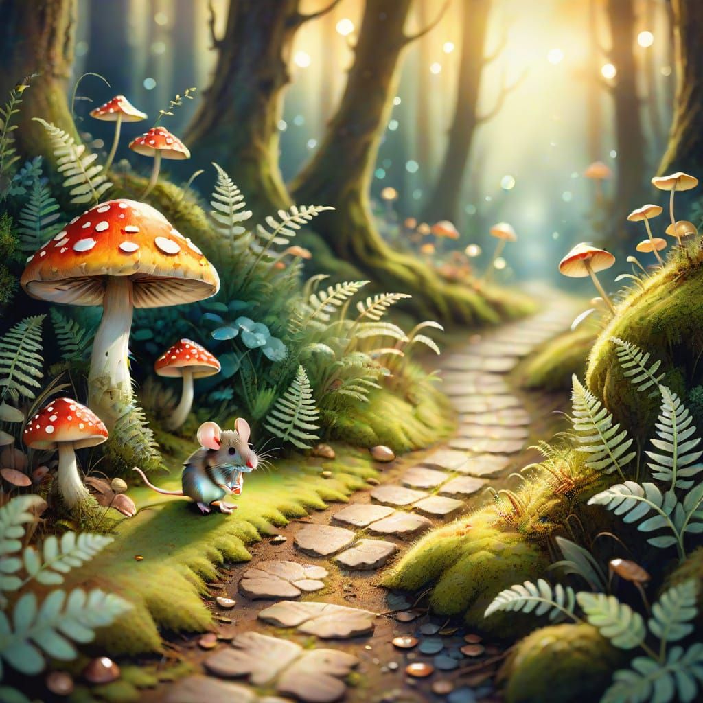 "A heartwarming and magical scene showing a tiny, shy mouse beginning ...