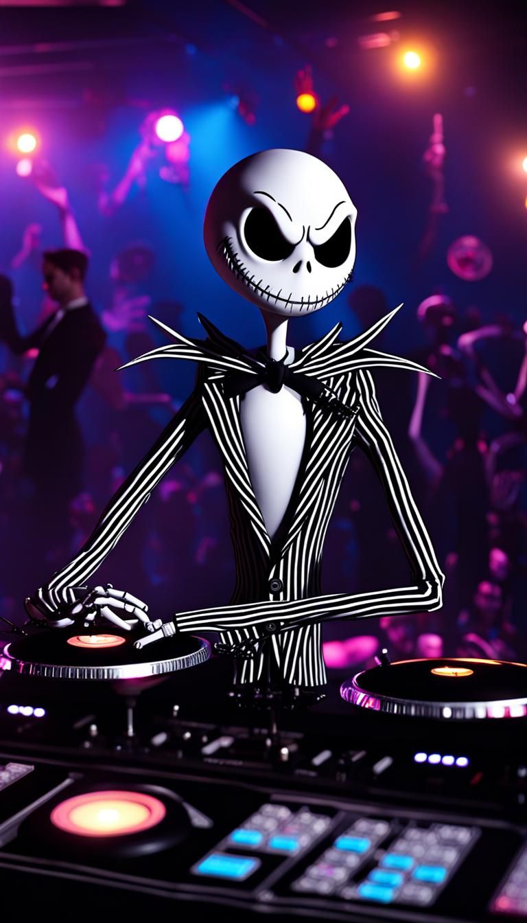 tim burton themed rave with jack skellington as a club dj volumetric ...