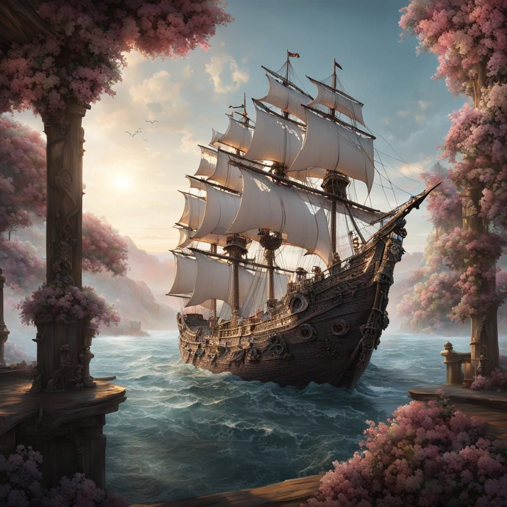 Elf realm - Ethereal Lace Pirate Ship in Whimsical Ocean Sce...