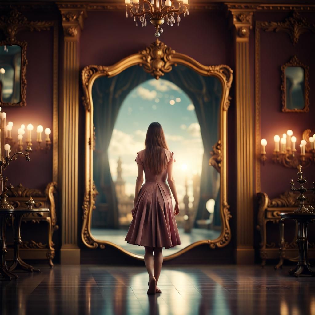 beautiful girl walking into a magic mirror - AI Generated Artwork ...