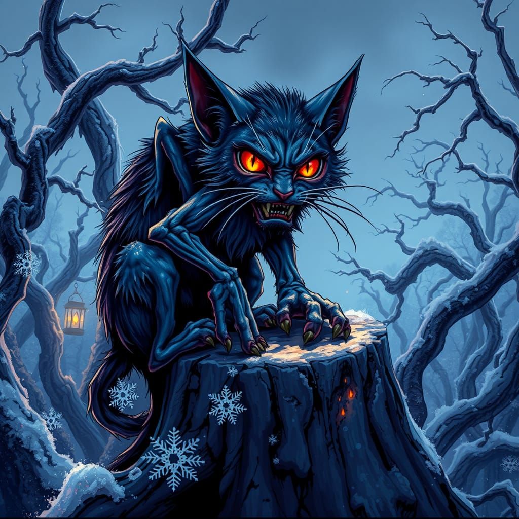 Cartoon style cat in a forest made entirely out of ice and snow. An ...