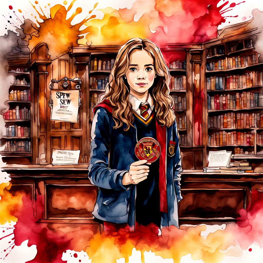 Hermione Granger with her SPEW badge - AI Generated Artwork - NightCafe ...