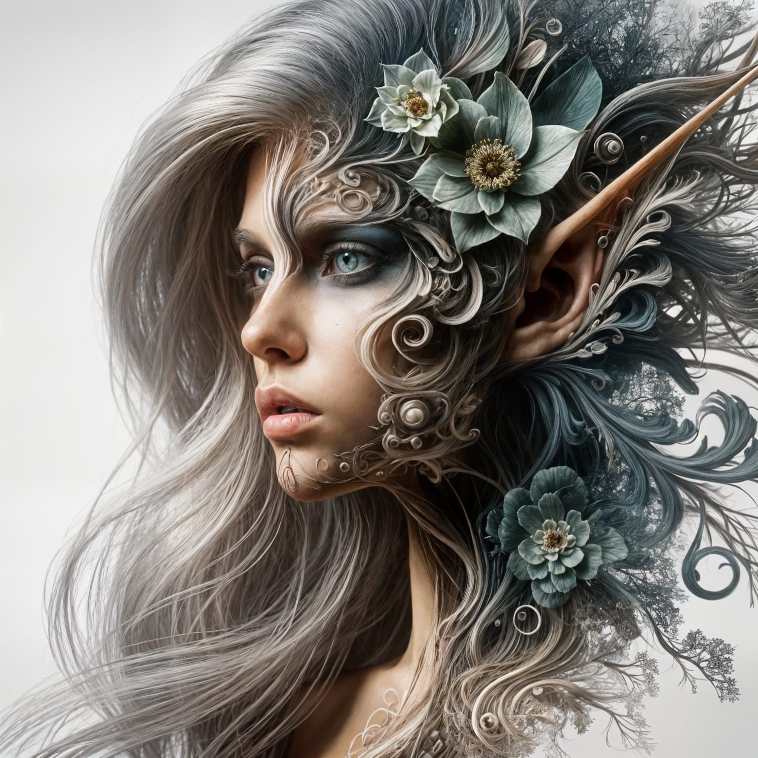 Elven Beauty - Surreal Elf Portrait in Double Exposure Style