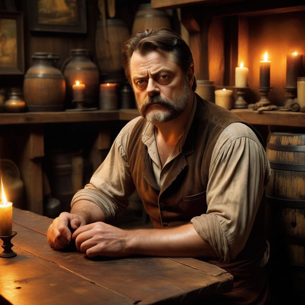 Nick Offerman as Victorian Workingman in Smoky Tav... - AI Art