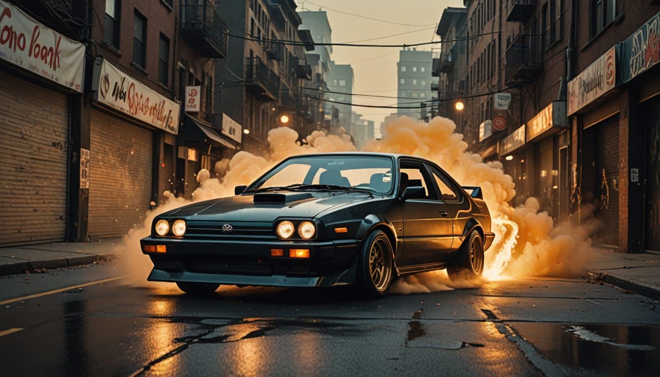 "A dynamic scene of a thrilling street race between a Toyota Corolla ...