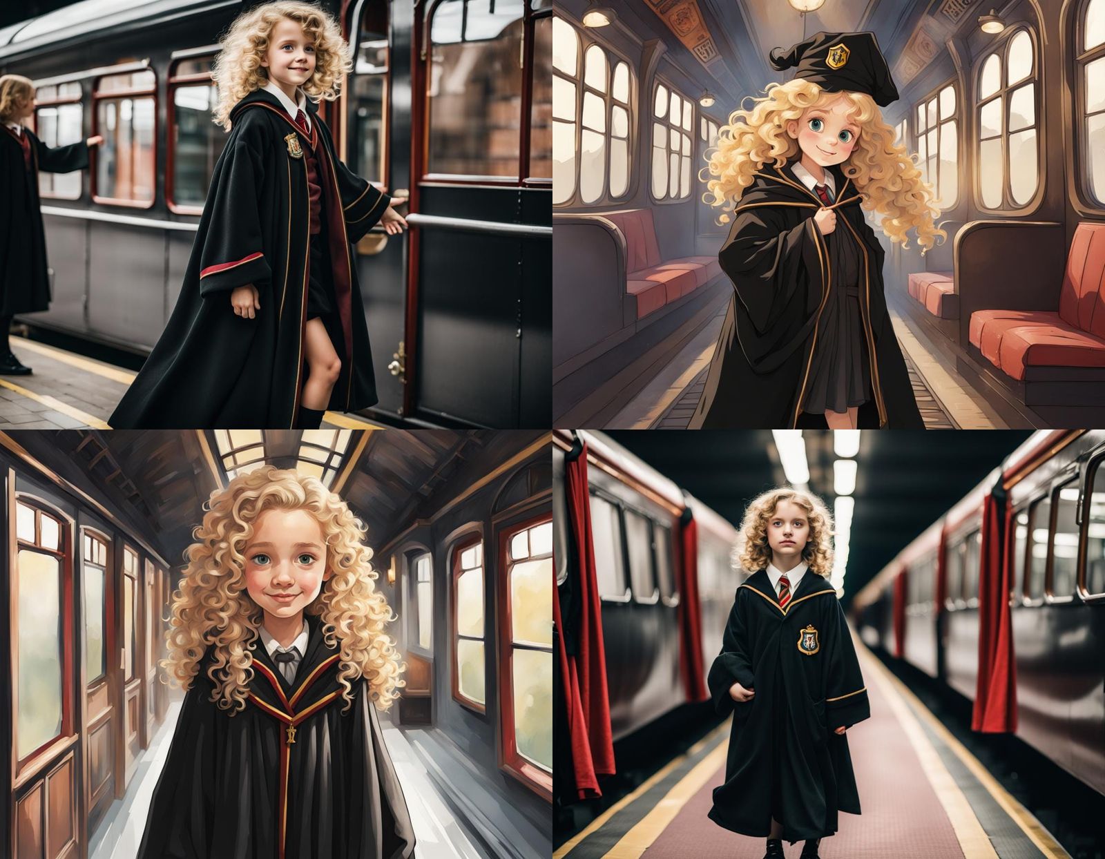 Young Curly Blond haired girl, Wearing oversized black Hogwarts Robe ...