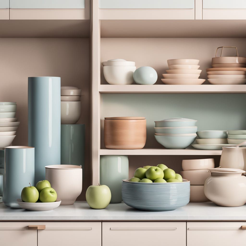 A huge full-of-food pantry room in a mid-century modern style, with, as ...