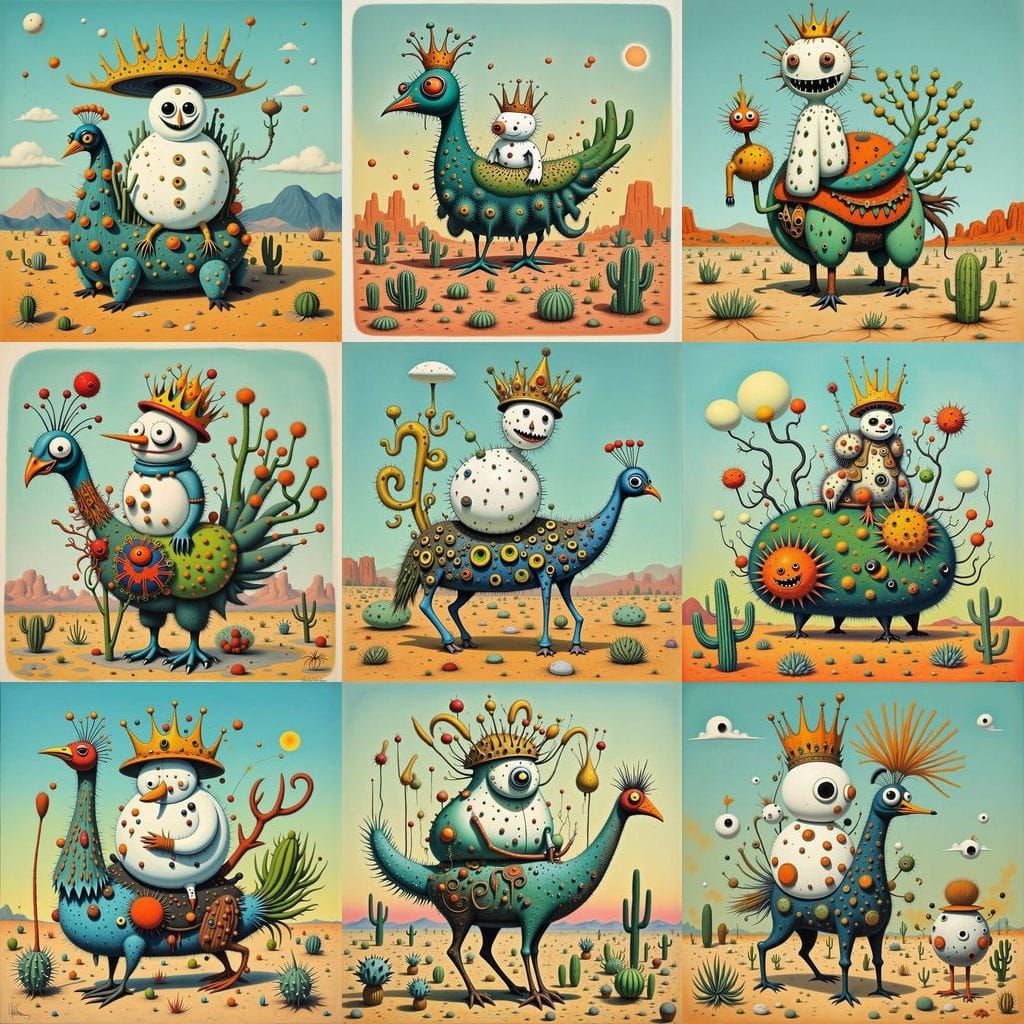 Comically Arrogant Snowman Rides Battered Peacock ... - AI Art