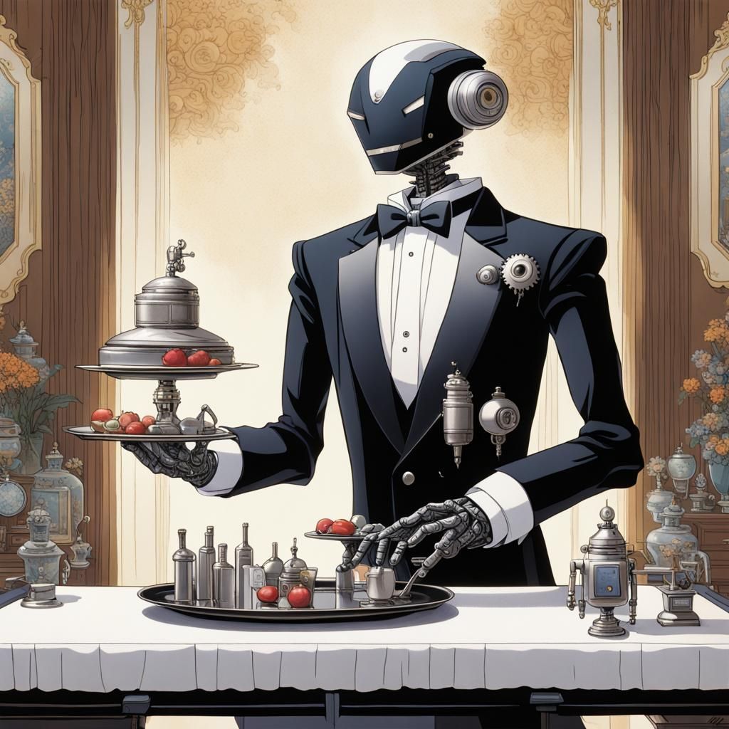 a elegant robot_butler wearing tuxedo holding a tray, working room ...
