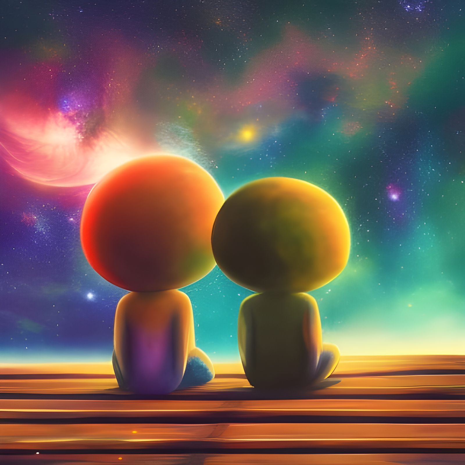 two aliens sitting on a dock, at the edge of a galaxy lake, abstract ...