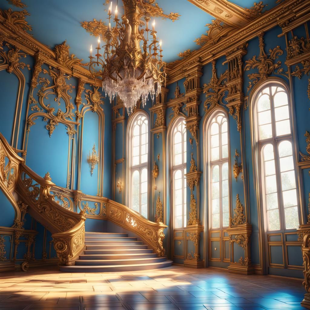 A beautiful exterior of the inside of a gorgeous castle, rococo style ...