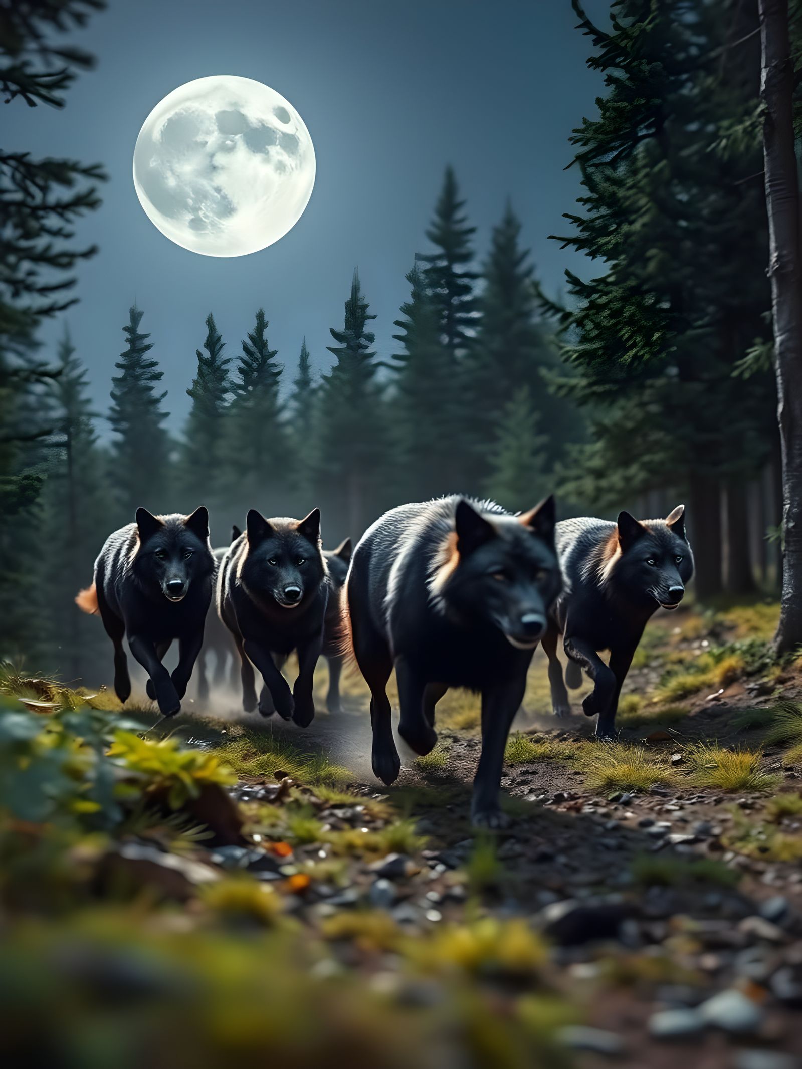 A pack of BLACK WOLVES running through a forest
