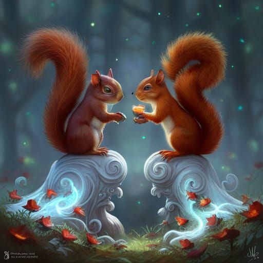 "two very pretty squirrels share nuts./ Insanely detailed photograph ...