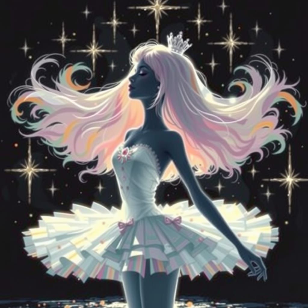 A vibrant, stylized portrait of a princess ballerina, with long, multi ...