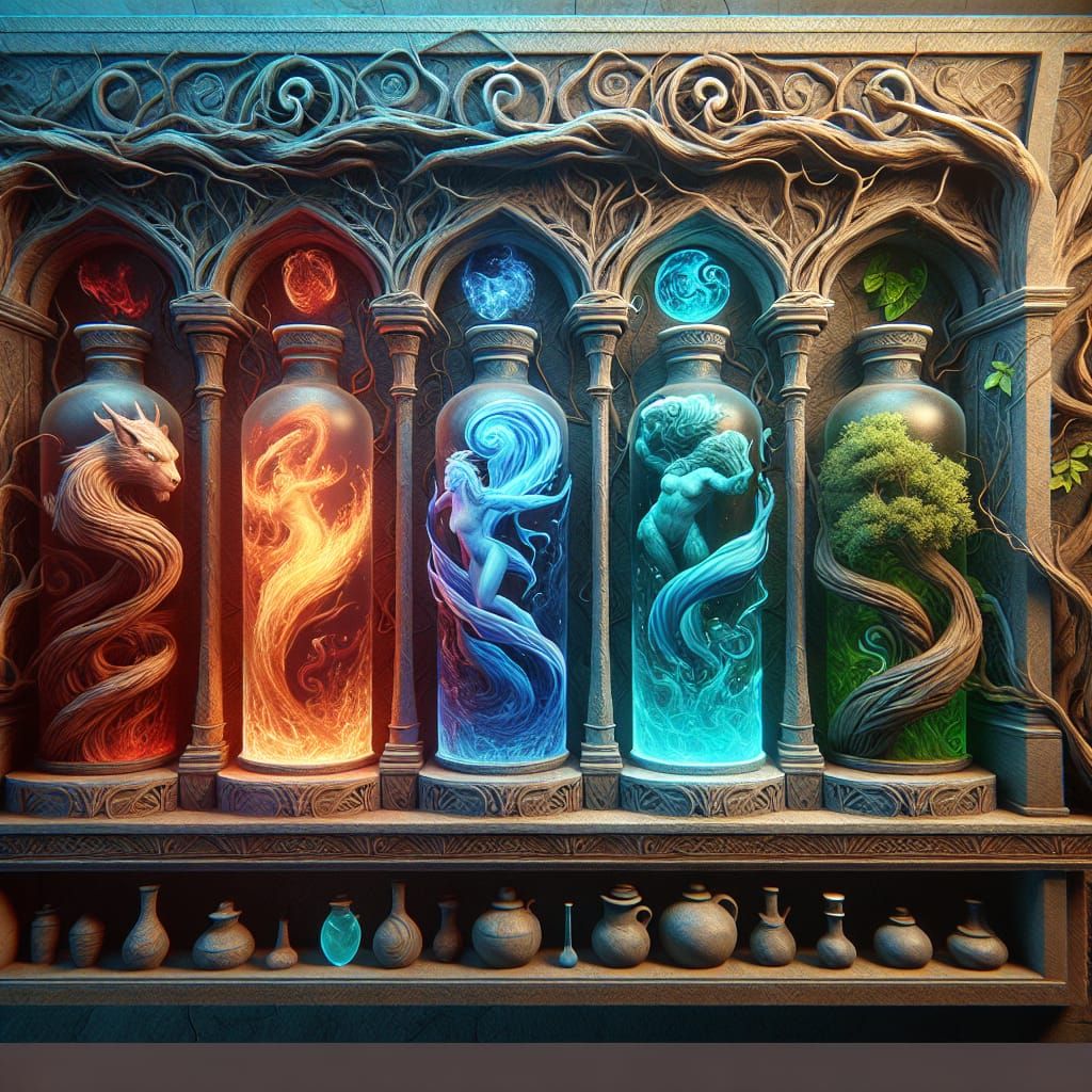Potions - Elemental Potions in a Fantastical Scene