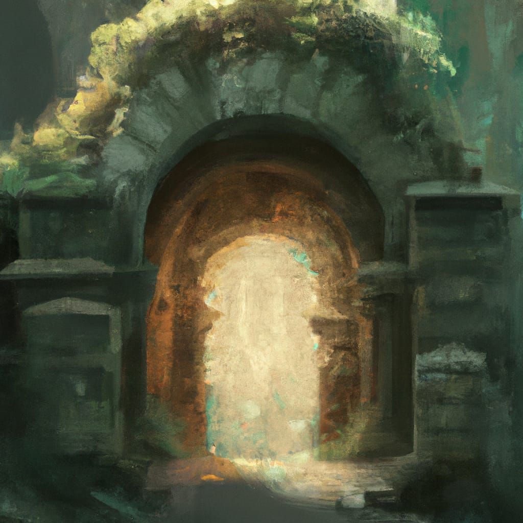 A gnarled doorway under an old, crumbling bridge. - AI Generated ...