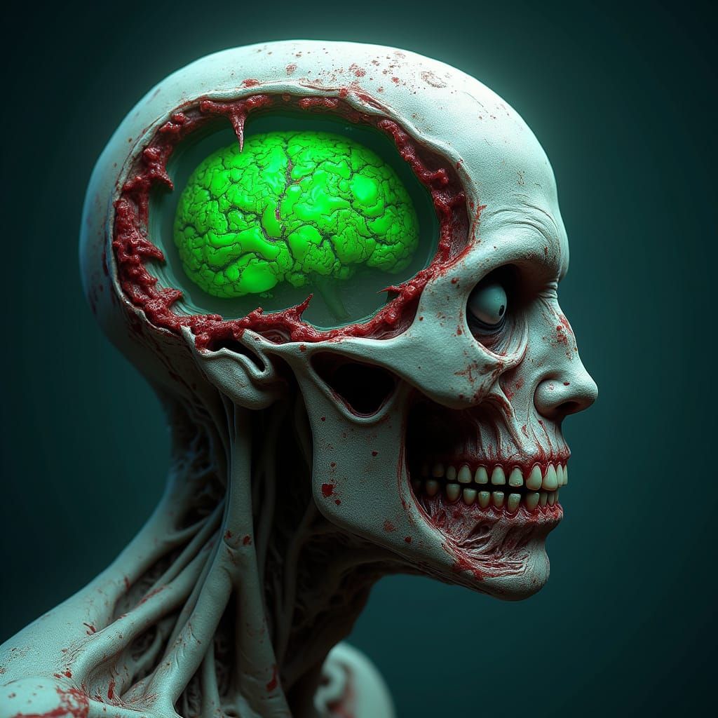 "8K medical illustration style: A cross-section of a zombie's head ...