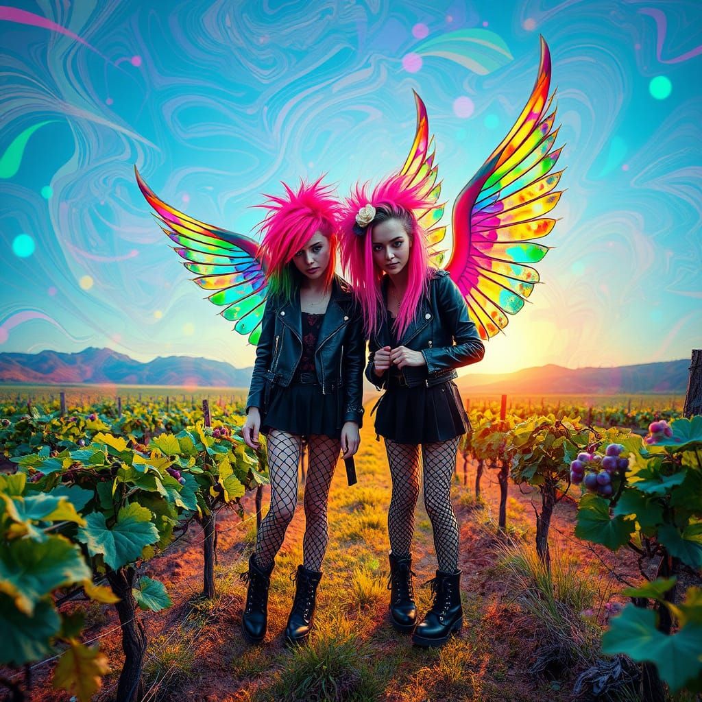 picture a crayon drawing of punk goth angels tending to a vineyard ...