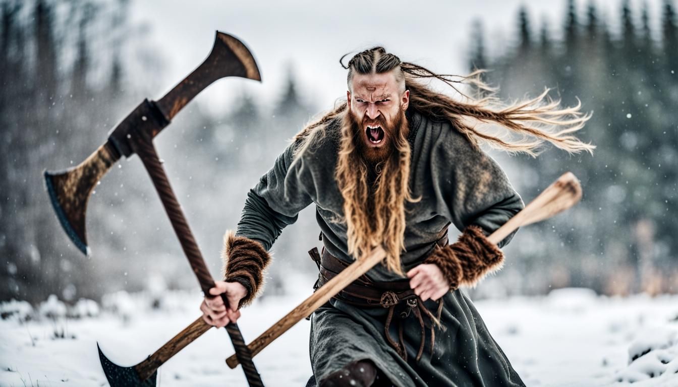 Angry yelling viking man with long braided hair and a beard hold an axe ...