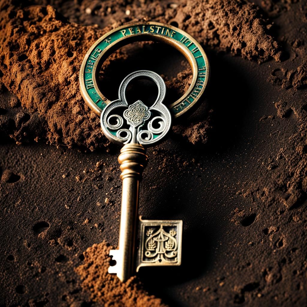 Cinematic effect. Beautiful ancient key. On the key it's inscribed ...