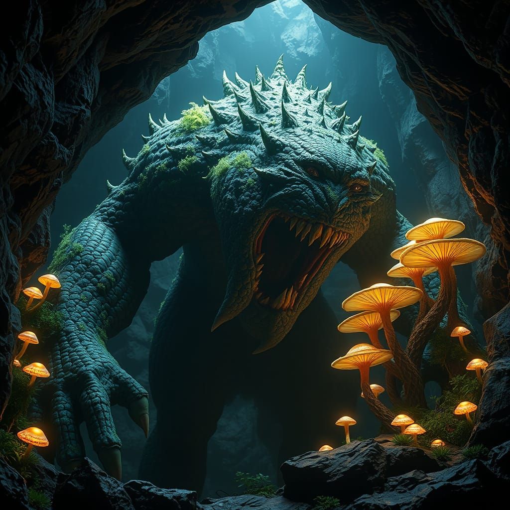 Realistic Troll Emerges from Cave in Moss-Covered,... - AI Art