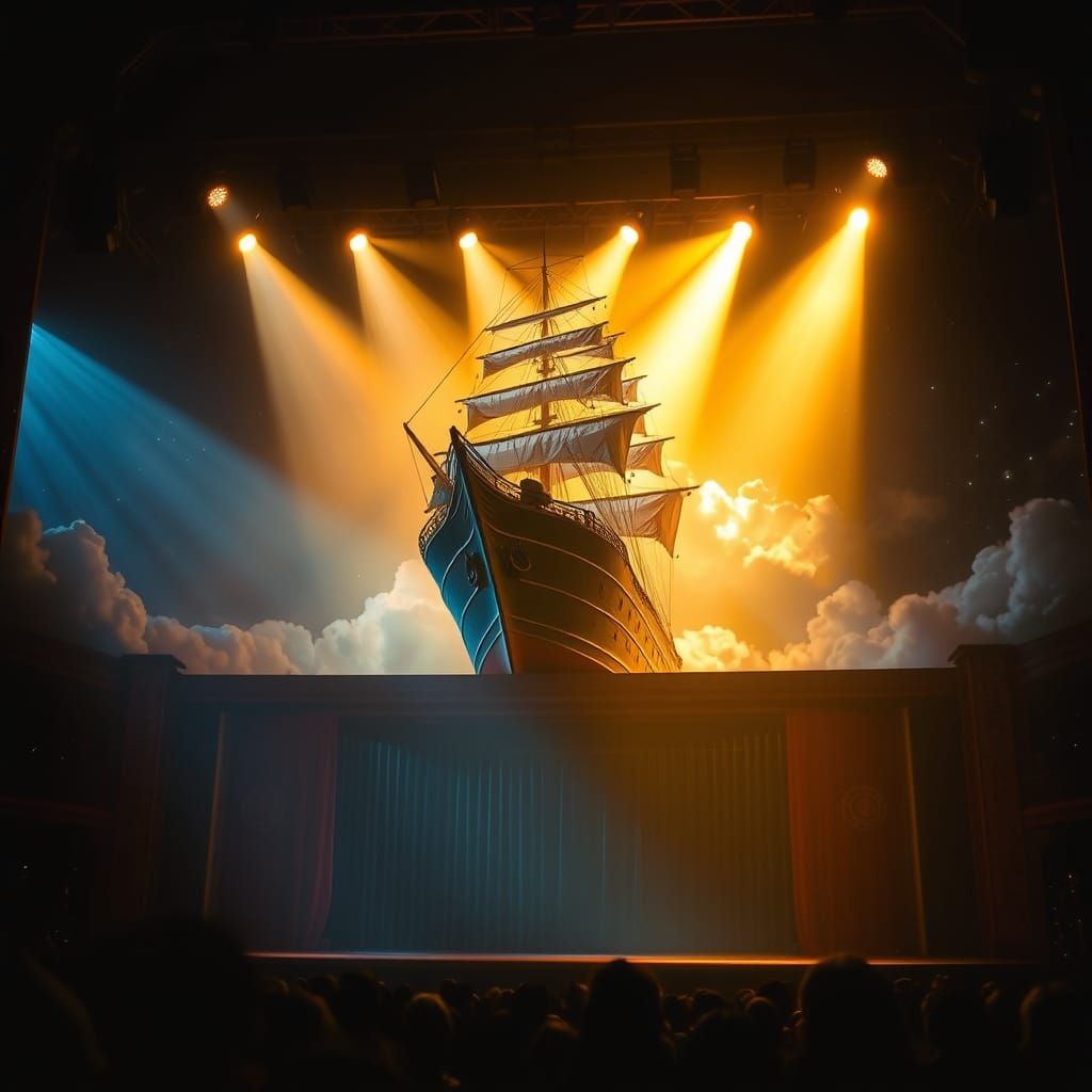 Dreamlike Theatrical Scene with Rising Ship and Dr... - AI Art