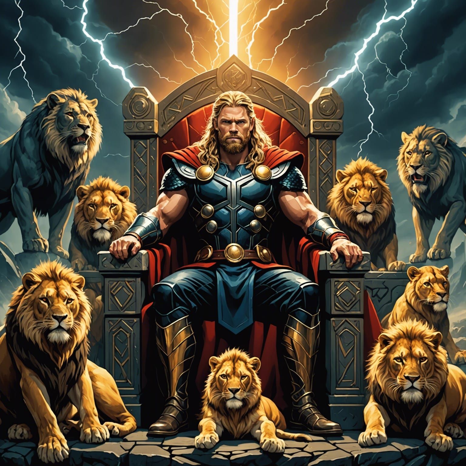 Thor sitting on his kingdom throne surrounded by lions and lightening in the background. - AI ...