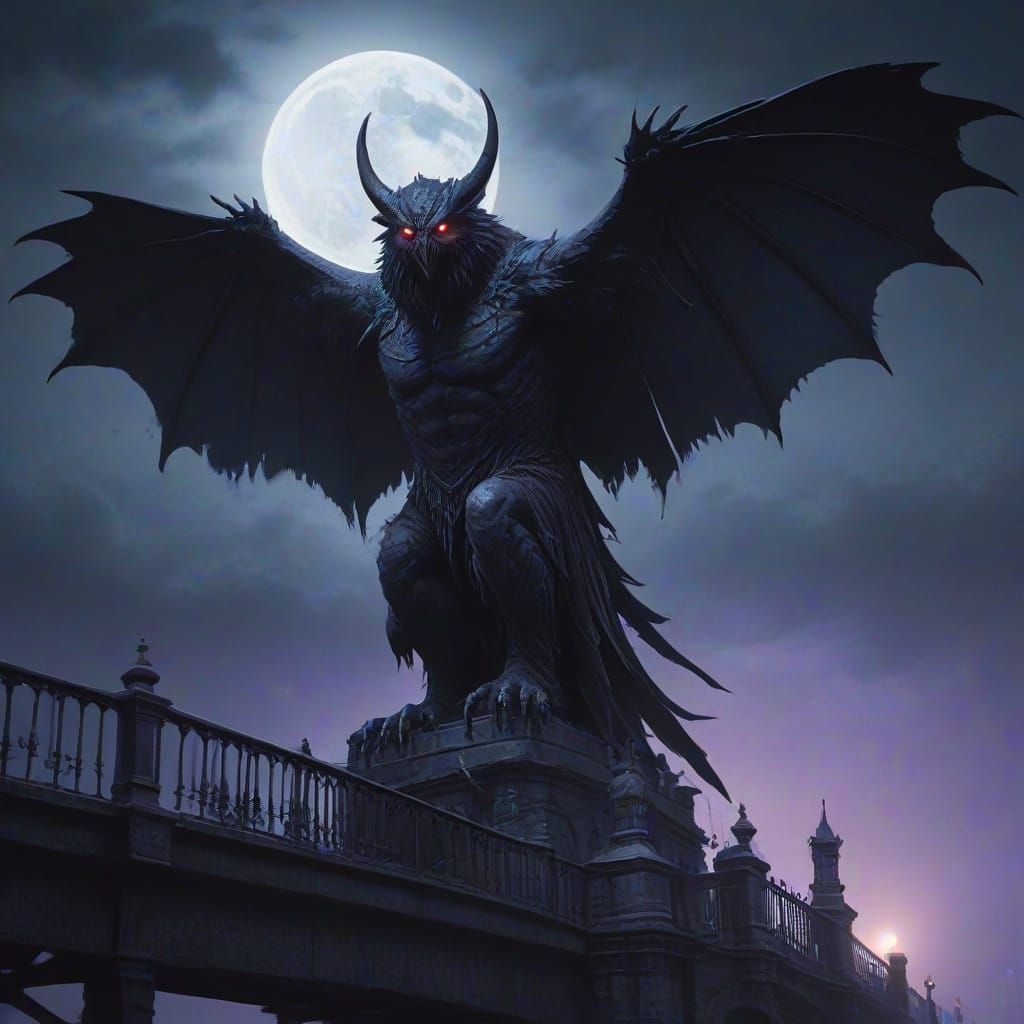 Mothman Watches Over Dark Fantasy Landscape - AI Art